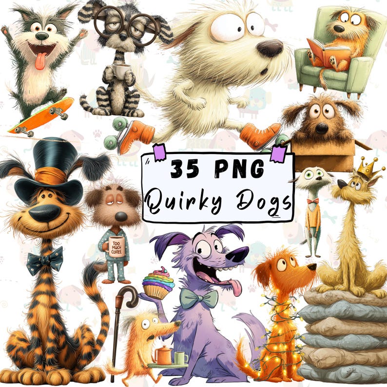Quirky Puppy Clipart Funny Elongated Dog Bundle Cartoon Cute Dogs PNG ...