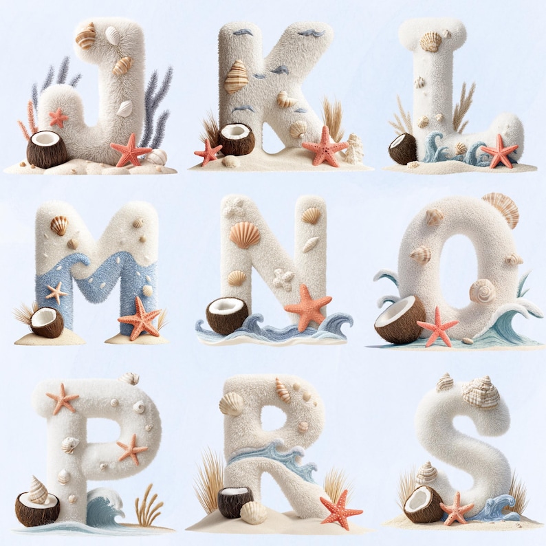 Ocean Alphabet Clipart: Whimsical Fluffy Letters and Elements ...