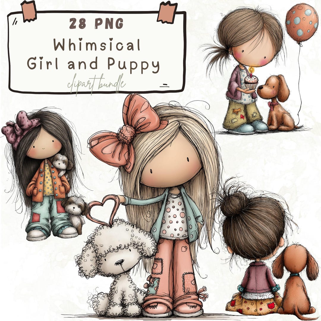 Girl and Puppy Clipart – Whimsical Girls With Dogs PNG, Cute Friendship ...