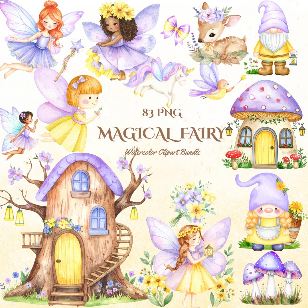 Fairy Clipart Birthday Bundle: Watercolor Fantasy Illustrations (PNG ...