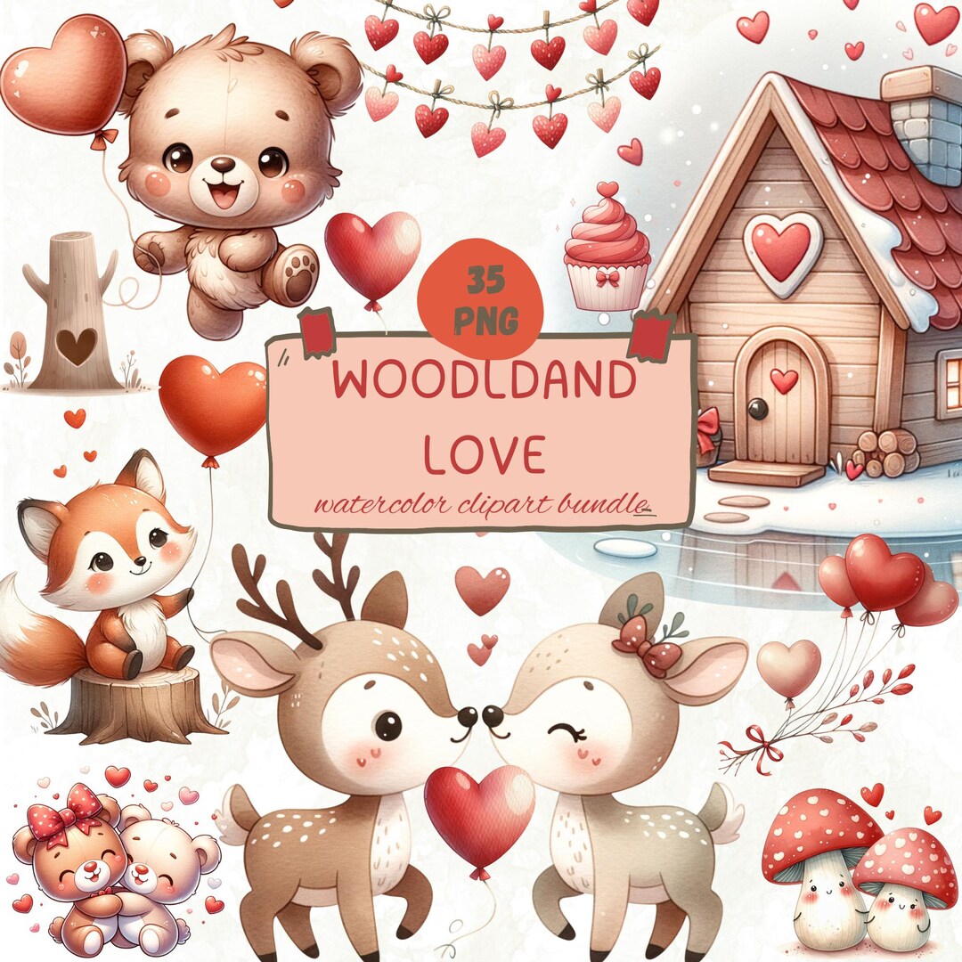 Woodland Love Clipart: Watercolor Valentine's Day Animals, Forest ...
