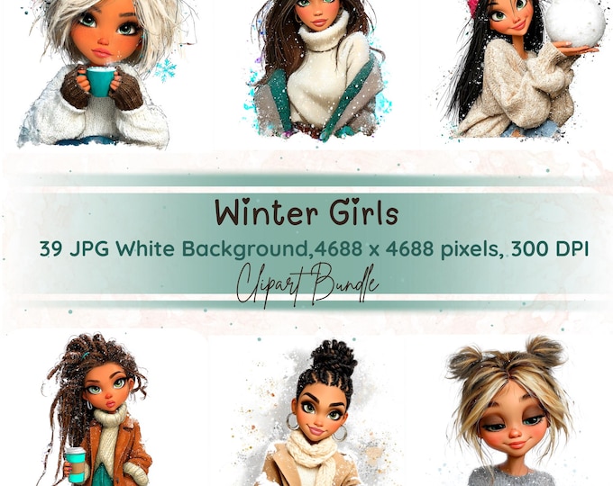 18 Whimsical Winter Girl Clipart Bundle, Woman Drinking Coffee Digital ...