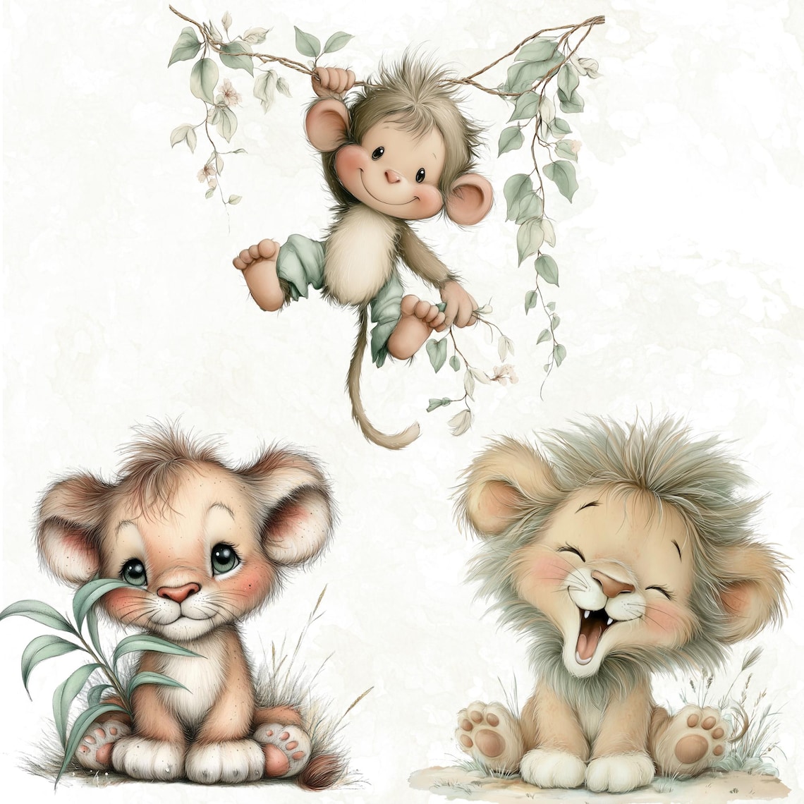 Safari Clipart : Whimsical Baby Animal PNG Set, Jungle Zoo PNG, Safari ...