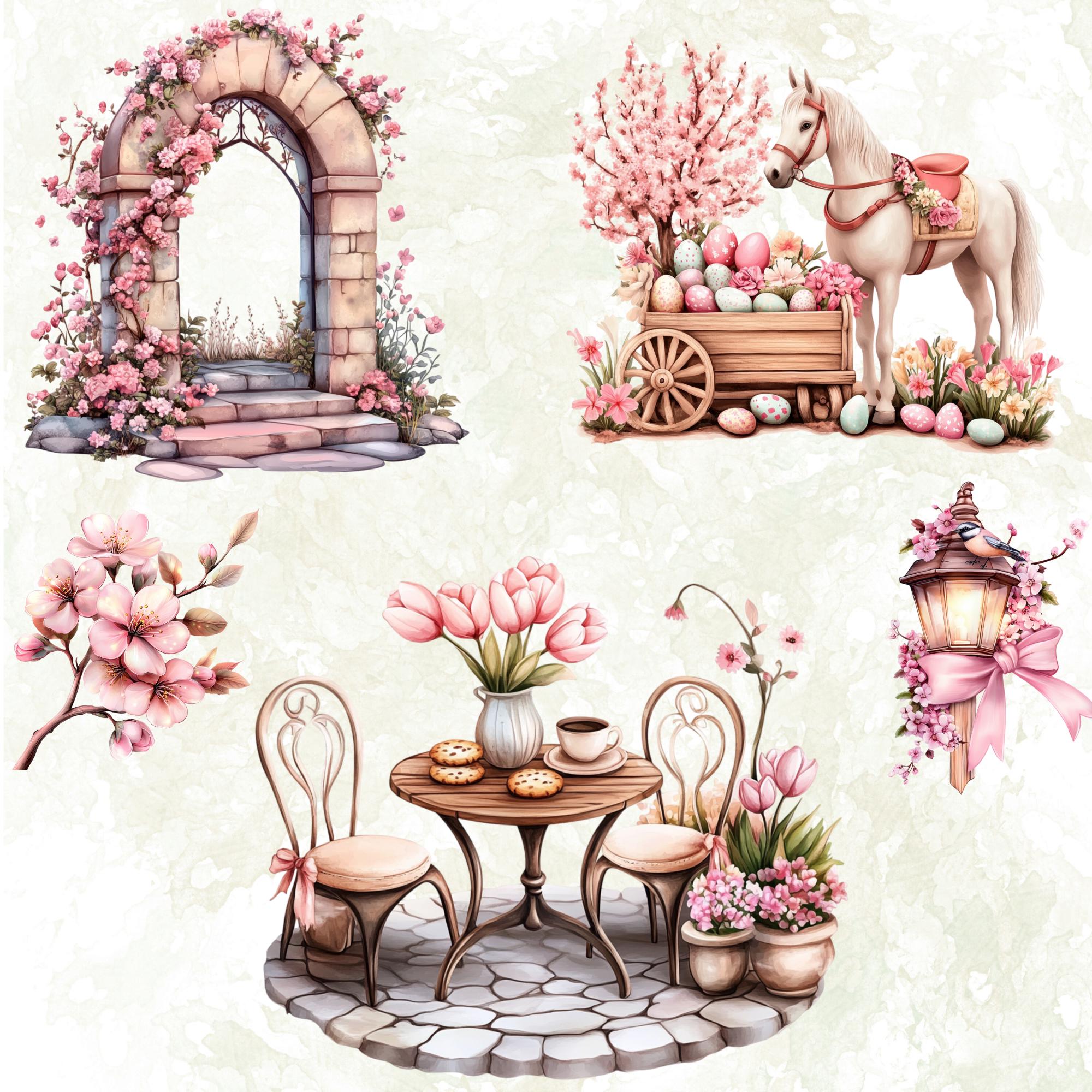 Watercolor Spring Village Clipart Set : Pastel Easter Cottages, Spring ...