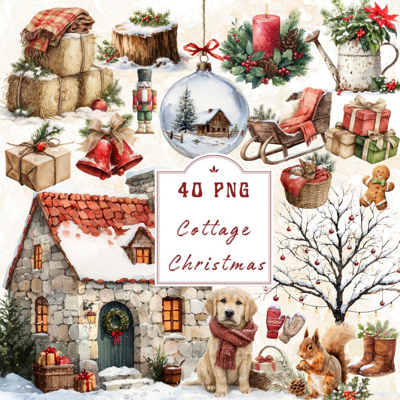 Watercolor Cottage Christmas Clipart, Cozy Winter Clip Art, Rustic ...