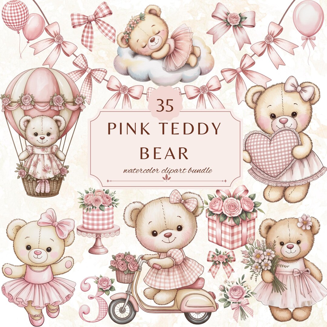 Pink Teddy Bear Clipart: Boho Nursery PNG, Baby Shower (digital ...
