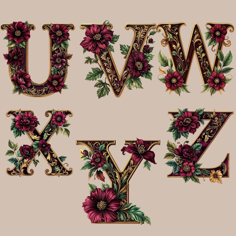 Illuminated Letters Clipart Burgundy & Gold Medieval Alphabet PNG ...