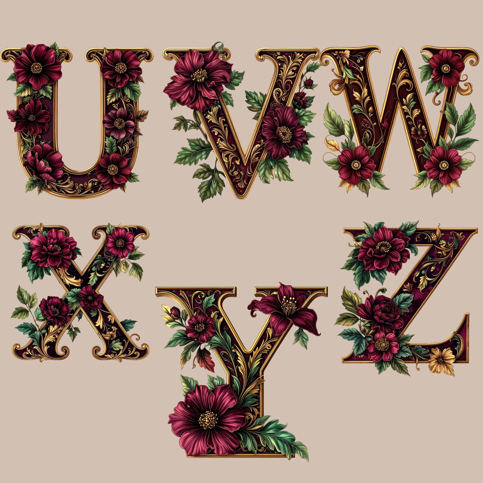 Illuminated Letters Clipart Burgundy & Gold Medieval Alphabet PNG ...