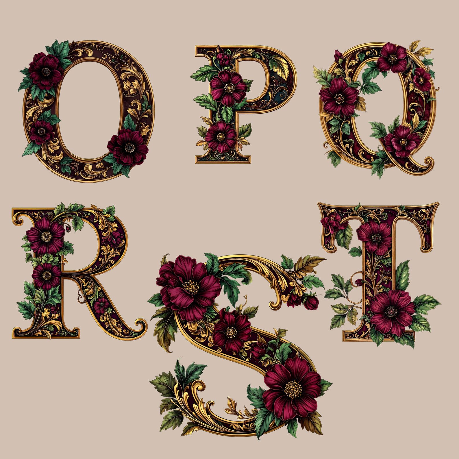 Illuminated Letters Clipart Burgundy & Gold Medieval Alphabet PNG ...