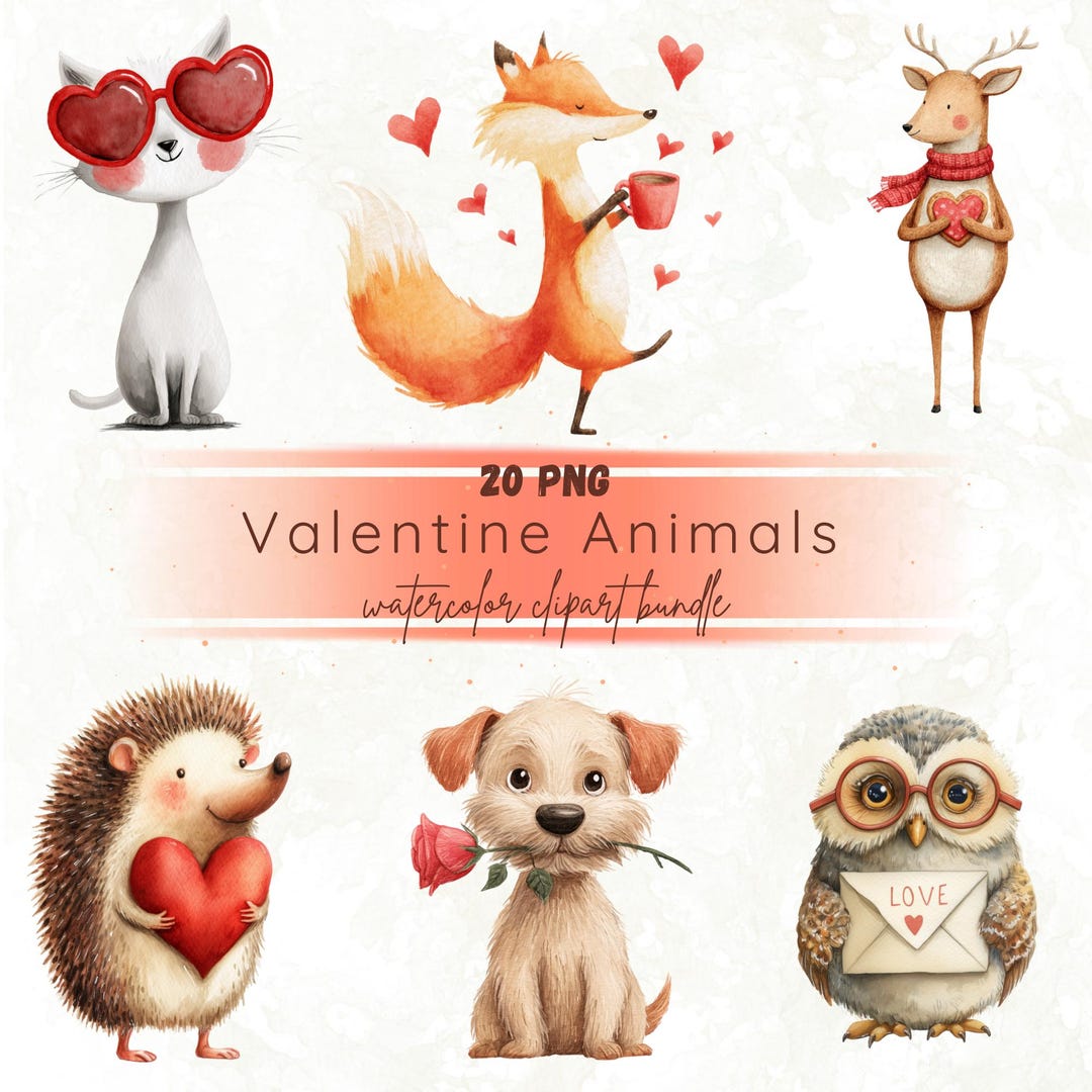 Valentine’s Day Animals Clipart Set : Watercolor Love Animals, Romantic ...