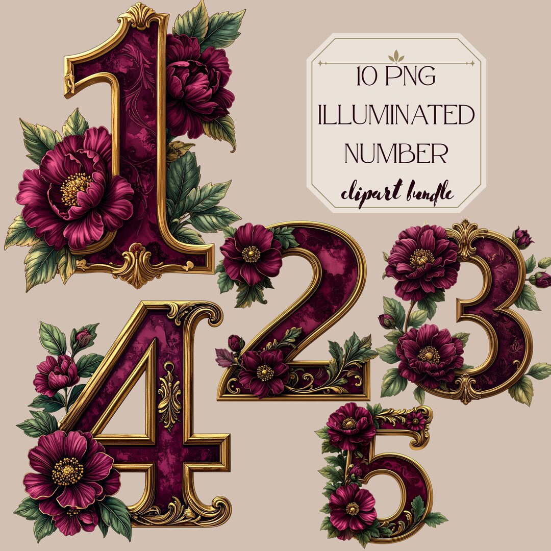 Floral Illuminated Numbers Clipart: Gold Burgundy Digits (digital ...