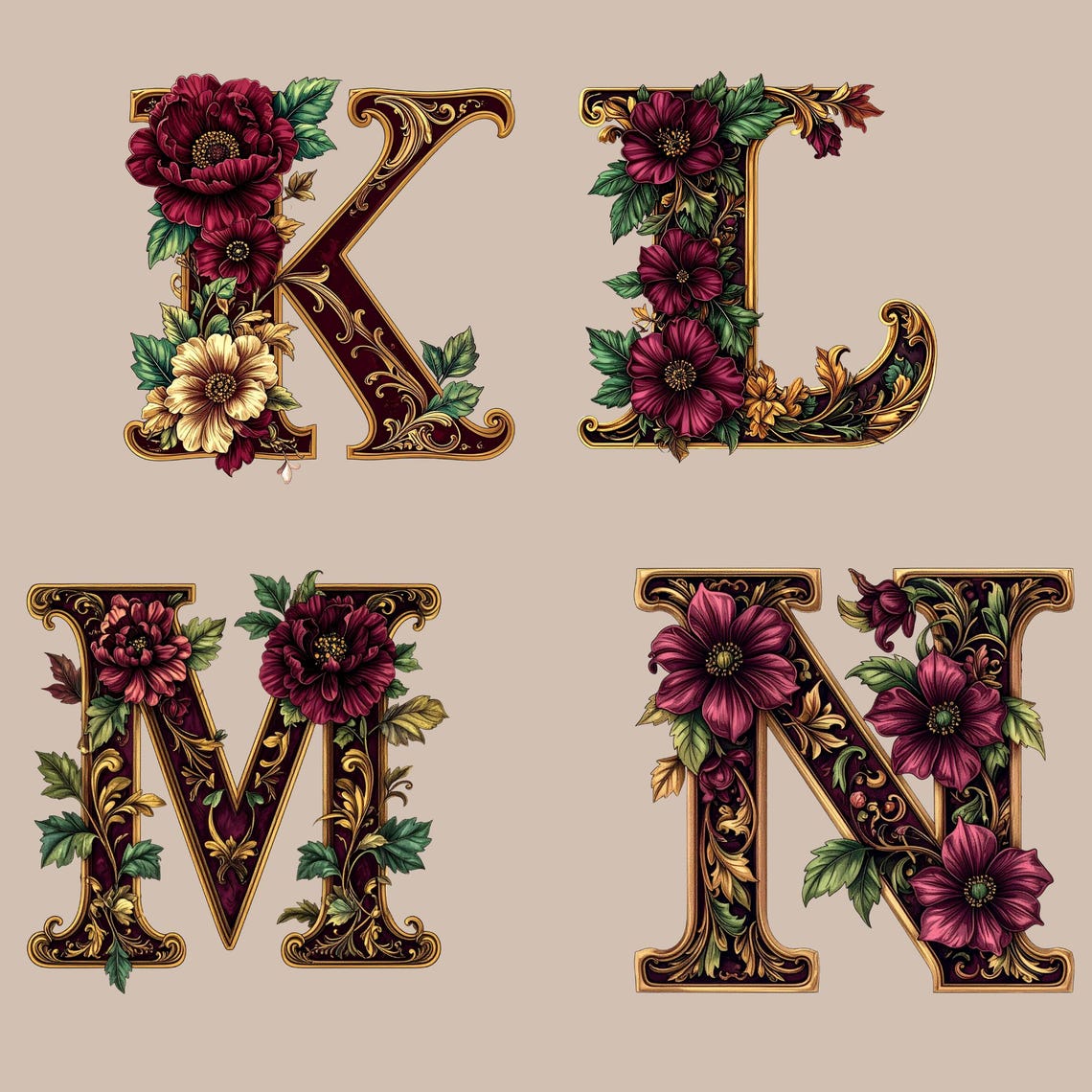 Illuminated Letters Clipart Burgundy & Gold Medieval Alphabet PNG ...
