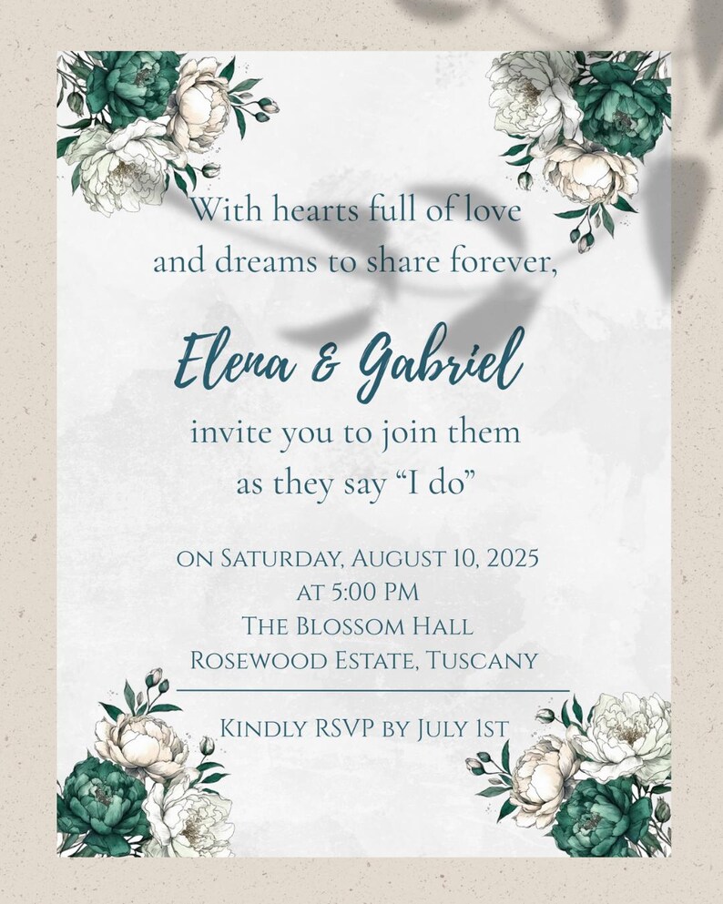 Editable Wedding Invitation Template – Emerald Green Peony – Floral ...