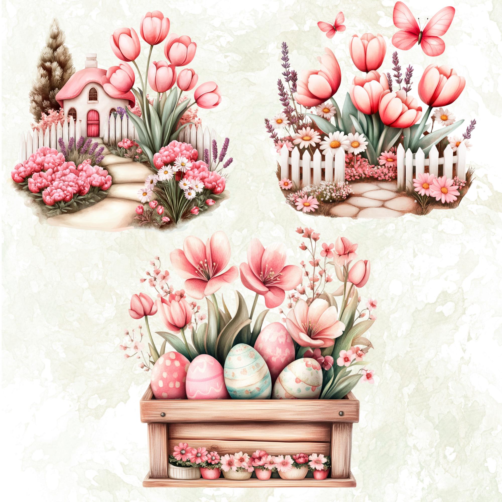 Watercolor Spring Village Clipart Set : Pastel Easter Cottages, Spring ...