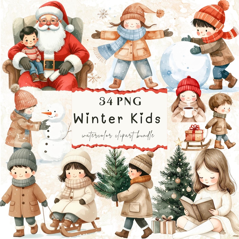 Watercolor Winter Kids Clipart: Vintage Festive Illustrations (digital ...