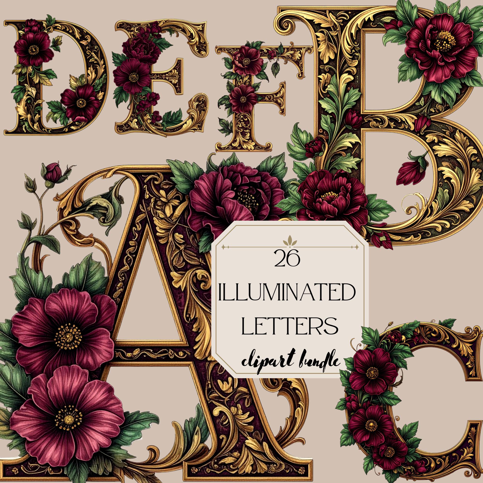 Illuminated Letters Clipart Burgundy & Gold Medieval Alphabet PNG ...