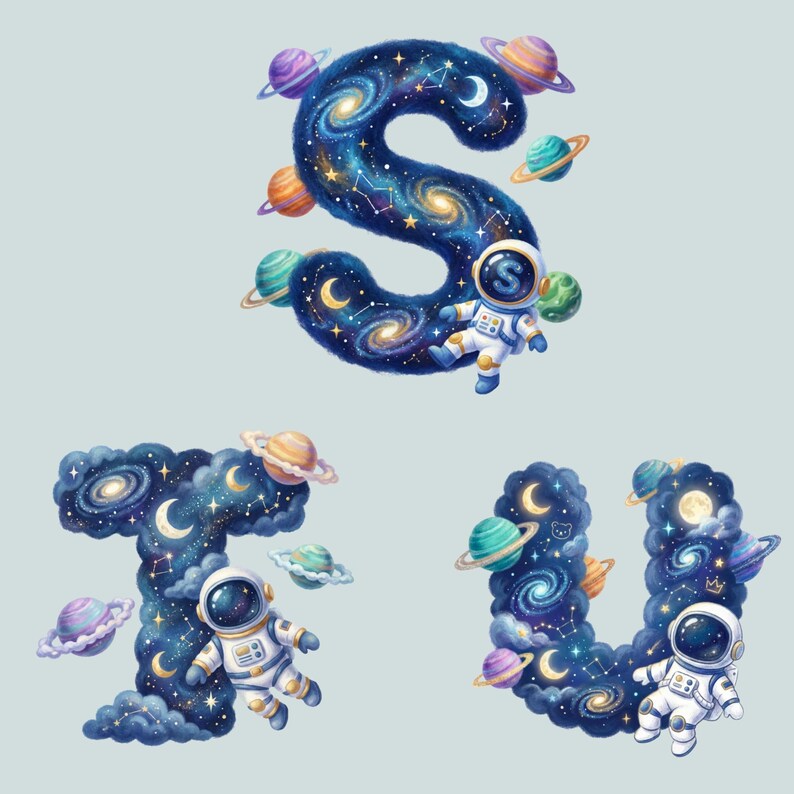 Space Letters Clipart: Whimsical Galaxy Alphabet, Astronaut PNG ...