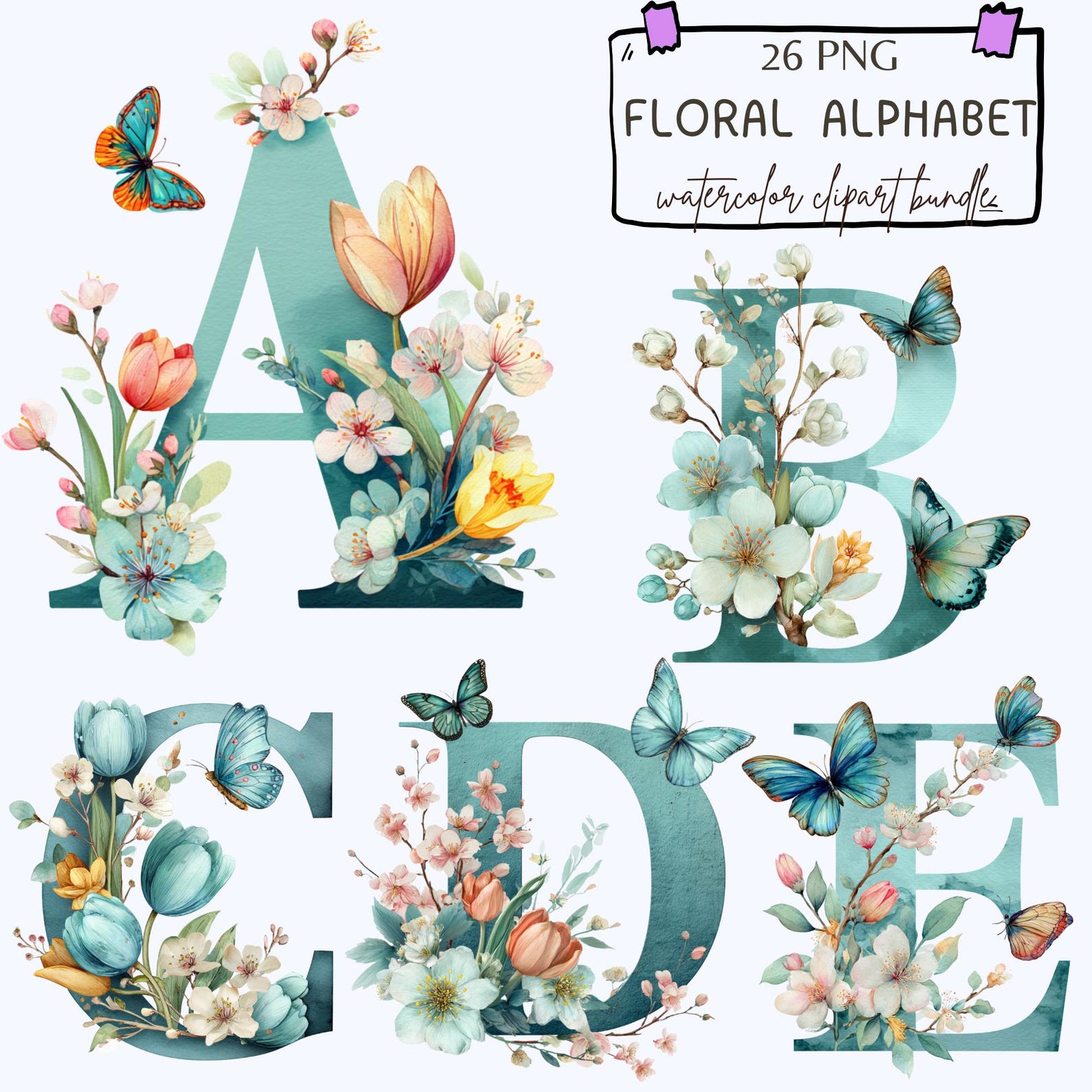 Floral Letters Clipart : Watercolor Floral Alphabet Graphics, Butterfly ...