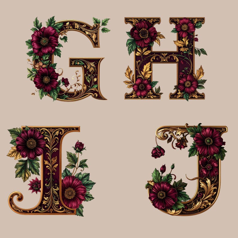 Illuminated Letters Clipart Burgundy & Gold Medieval Alphabet PNG ...