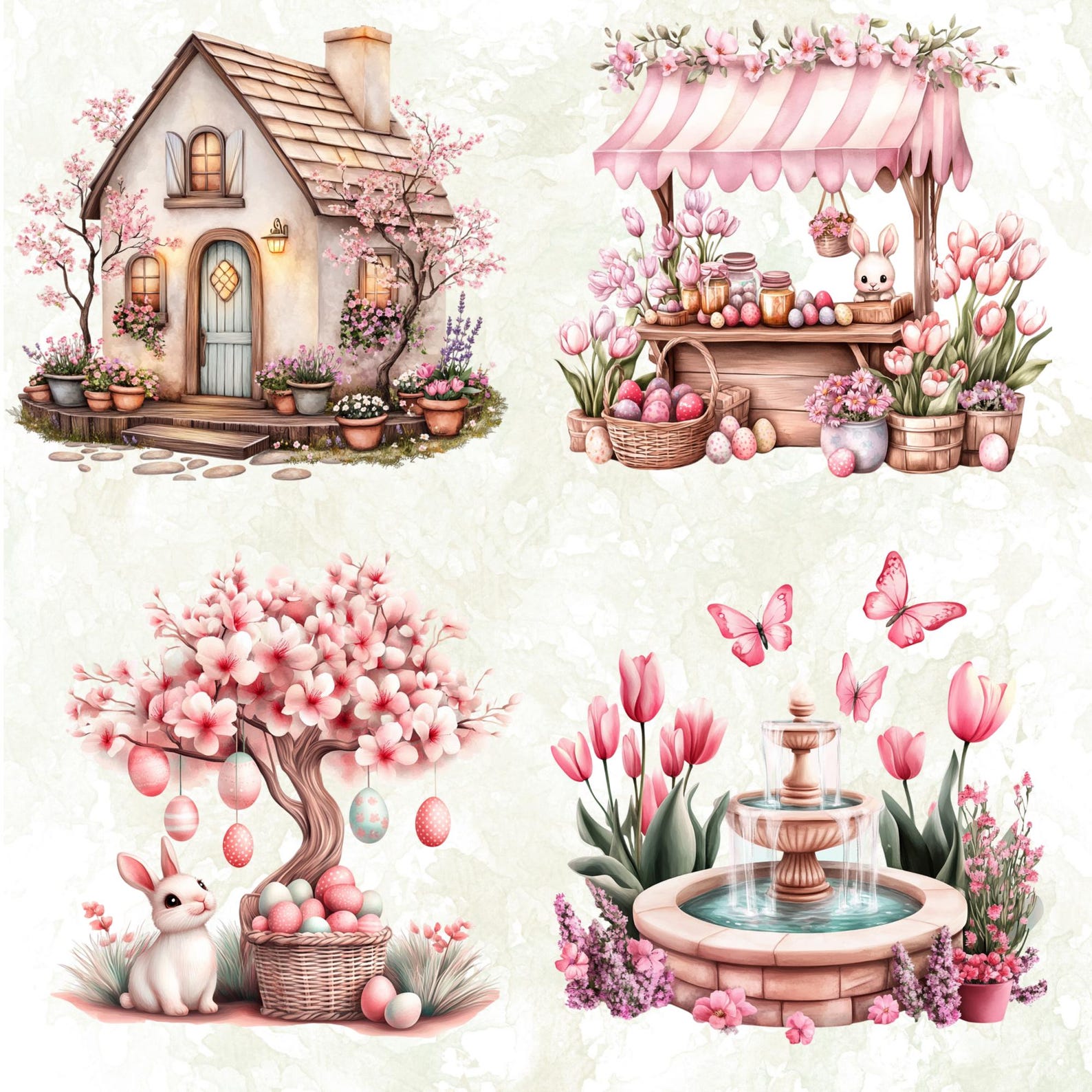 Watercolor Spring Village Clipart Set : Pastel Easter Cottages, Spring ...