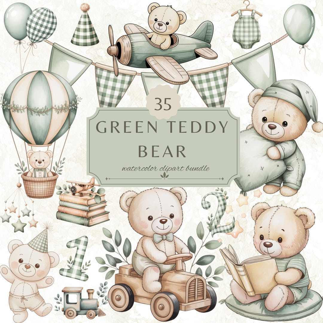 Green Teddy Bear Clipart: Boho Nursery PNG, Baby Shower (digital ...
