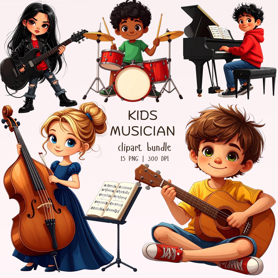 Kids Musician Clipart Bundle: Cartoon Children Playing Instruments PNG ...