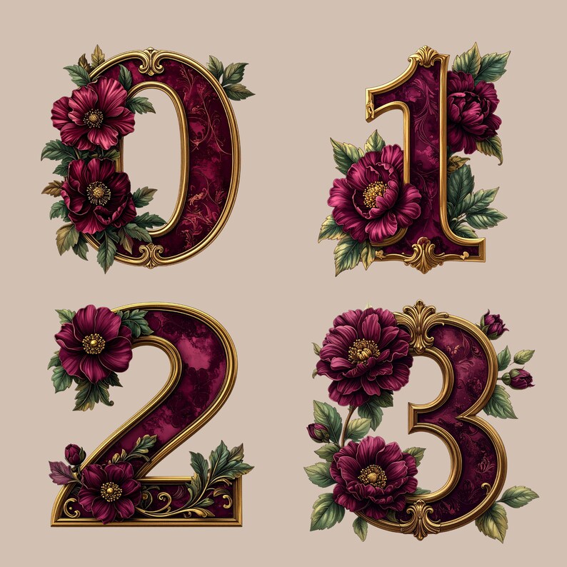 Floral Illuminated Numbers Clipart: Gold Burgundy Digits (digital ...