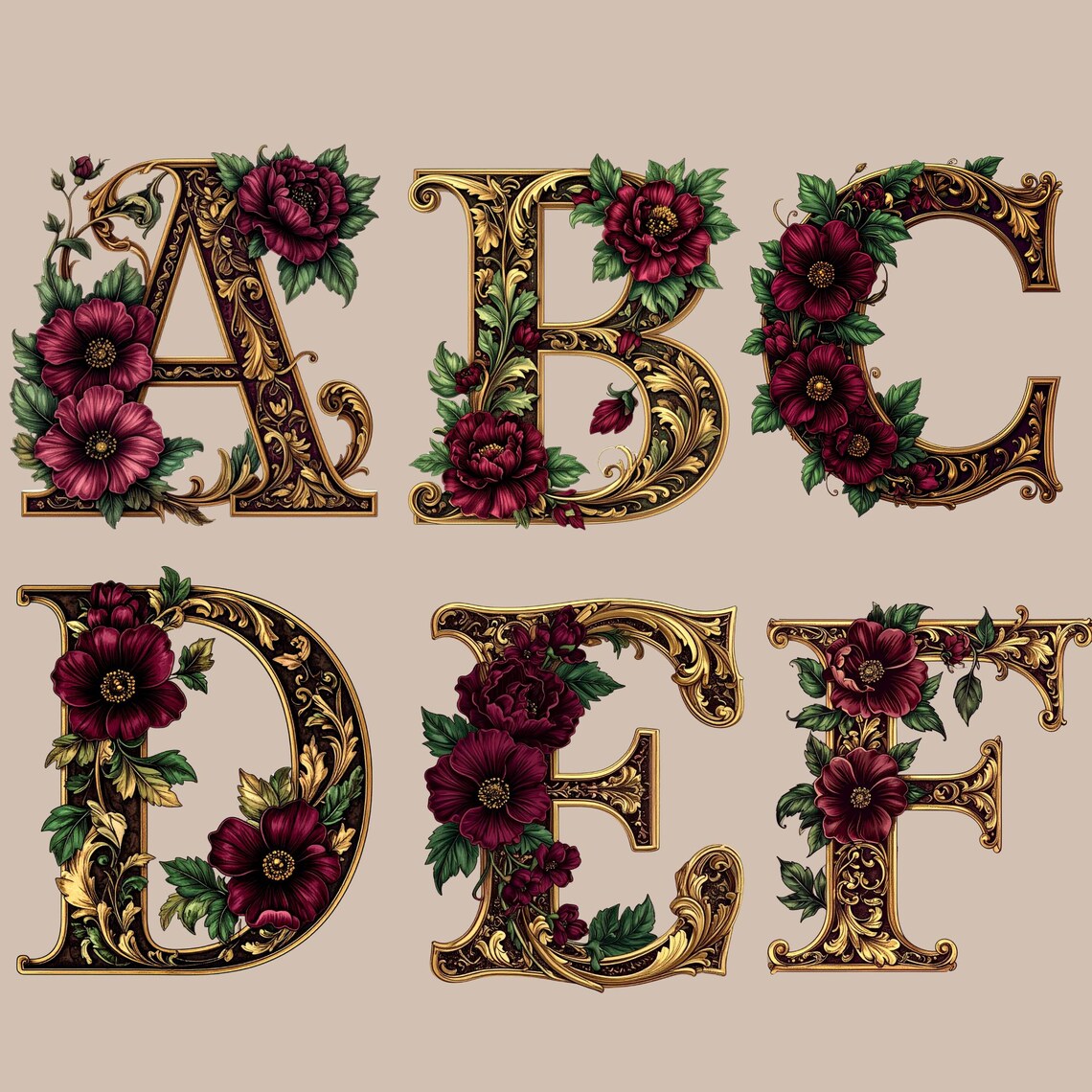 Illuminated Letters Clipart Burgundy & Gold Medieval Alphabet PNG ...