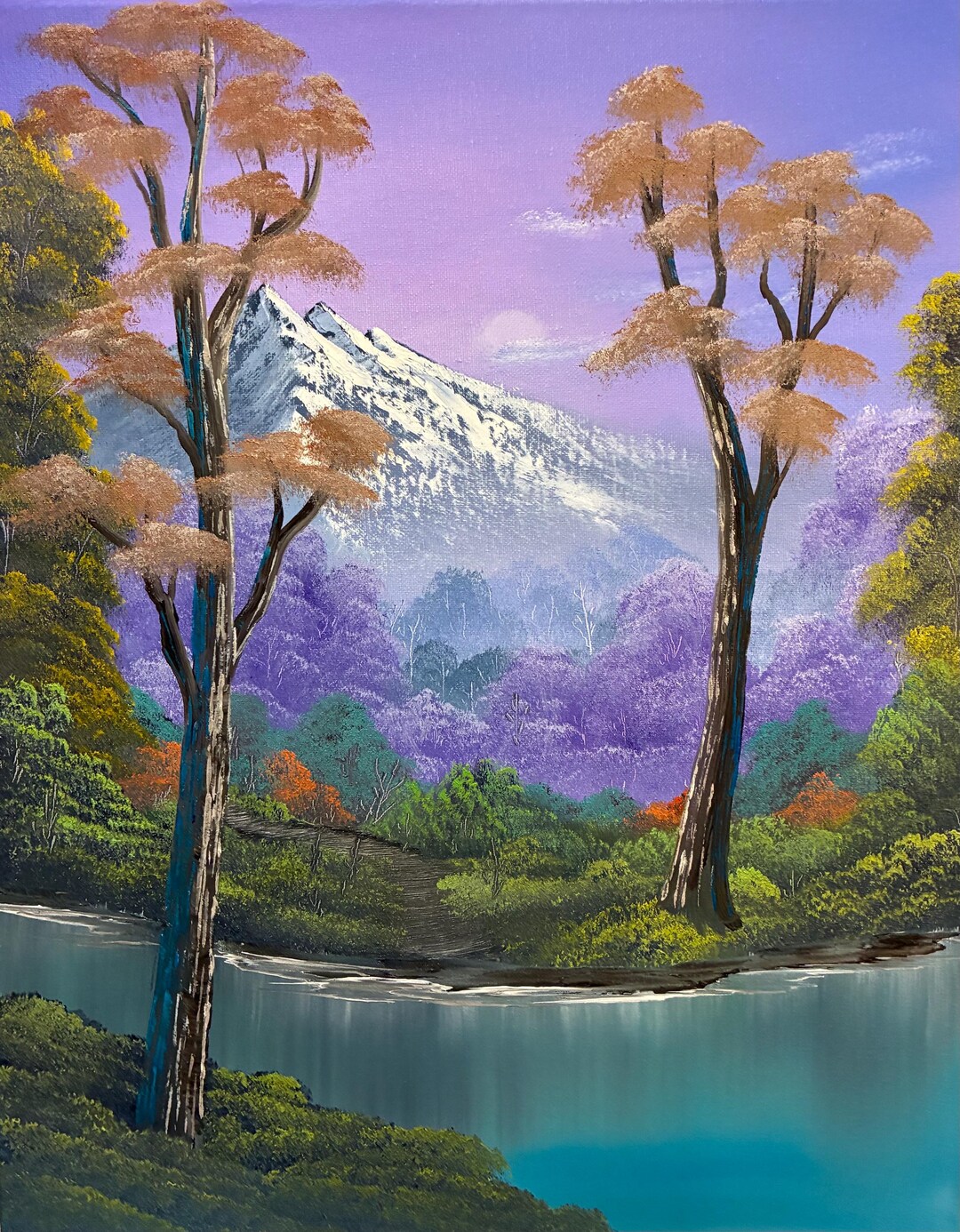 Bob Ross Style Oil Painting: Distant Mountain Pond, 16x20 Canvas - Etsy