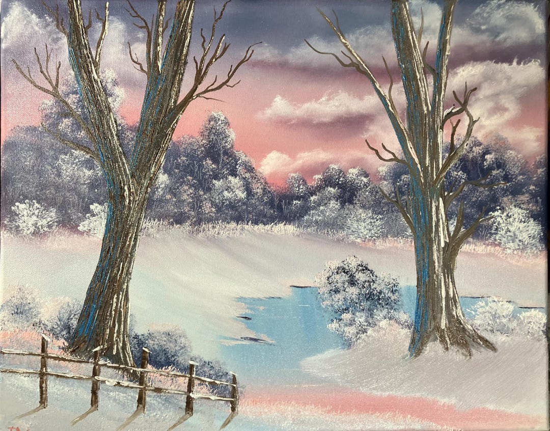Pink Winter Landscape Oil Painting: Snowy Scene, 16x20 Canvas Art - Etsy