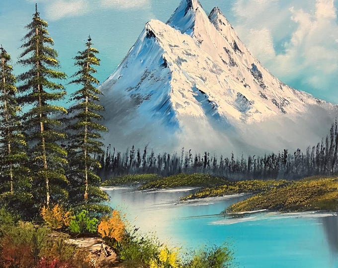 Bob Ross Inspired Mountain, Snow, Spring Colors and Water Scene on 16 X ...