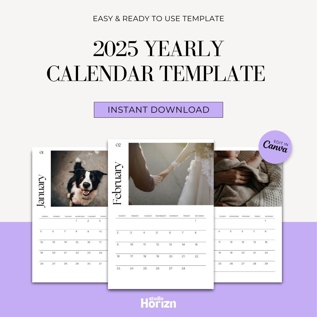 2025 Editable Yearly Calendar Canva Template | Printable Annual Planner ...
