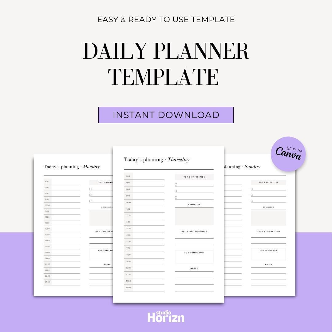 Editable Daily Planner Canva Template | Printable Daily Schedule ...