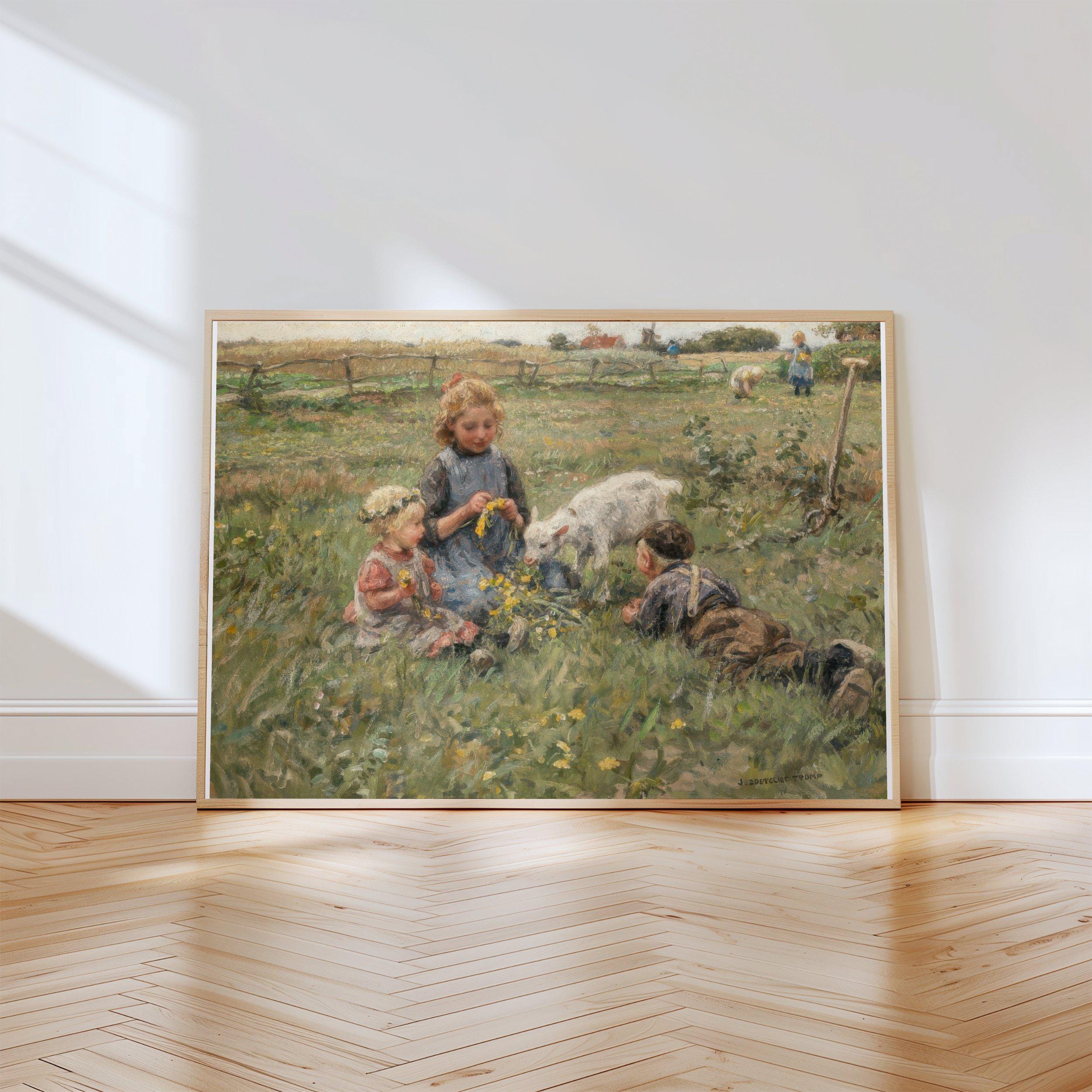 Vintage Pastoral Scene, Children With Goat, Countryside Artwork, Farm ...