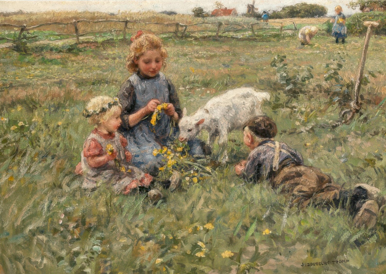 Vintage Pastoral Scene, Children With Goat, Countryside Artwork, Farm ...