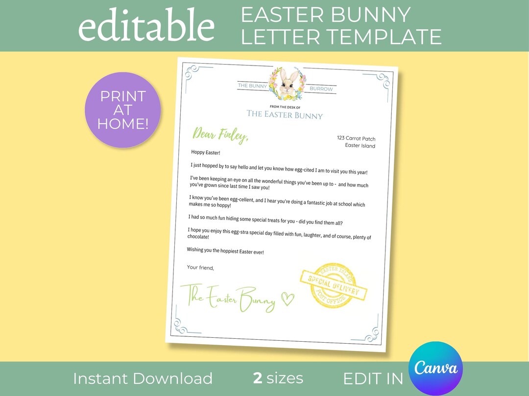 Editable Easter Bunny Letter Template, Personalized Bunny Mail ...