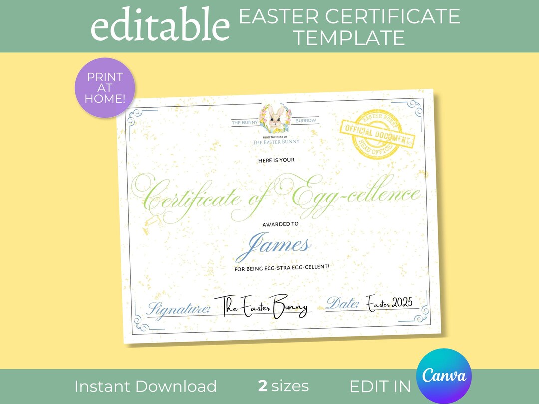 Editable Easter Bunny Certificate of Egg-cellence Printable Template ...