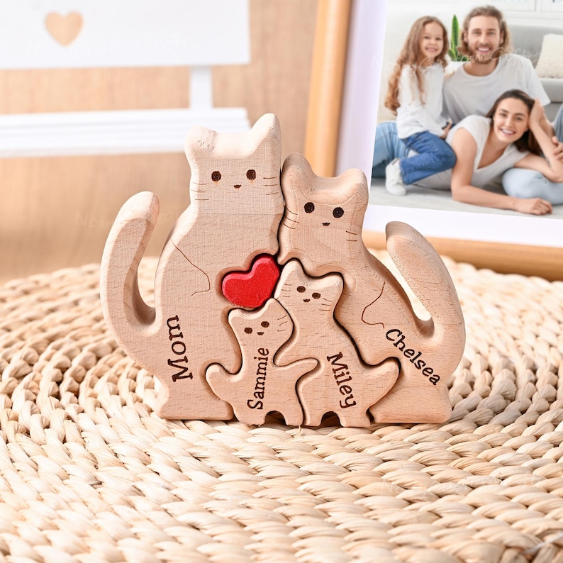 Personalized Wooden Cat Family Puzzle, Engraved Name Keepsake, Cat ...