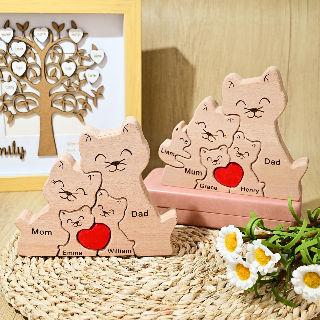 Custom Wooden Cat Family Puzzle, Engraved Name Gift Family, Unique Cat ...