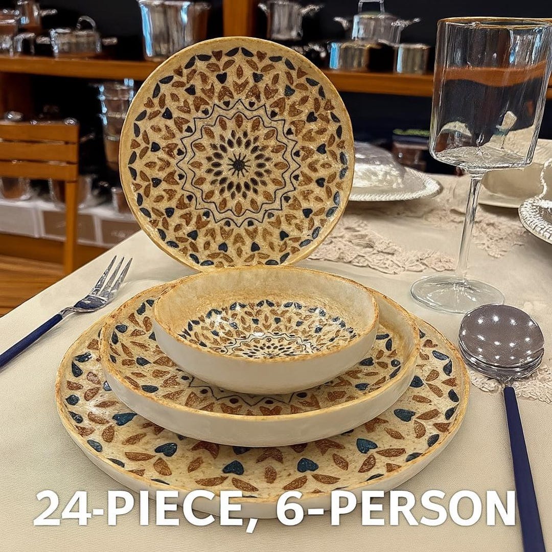 24-piece Porcelain Dinnerware Set, Boho Rustic Ethnic Pattern Plates ...