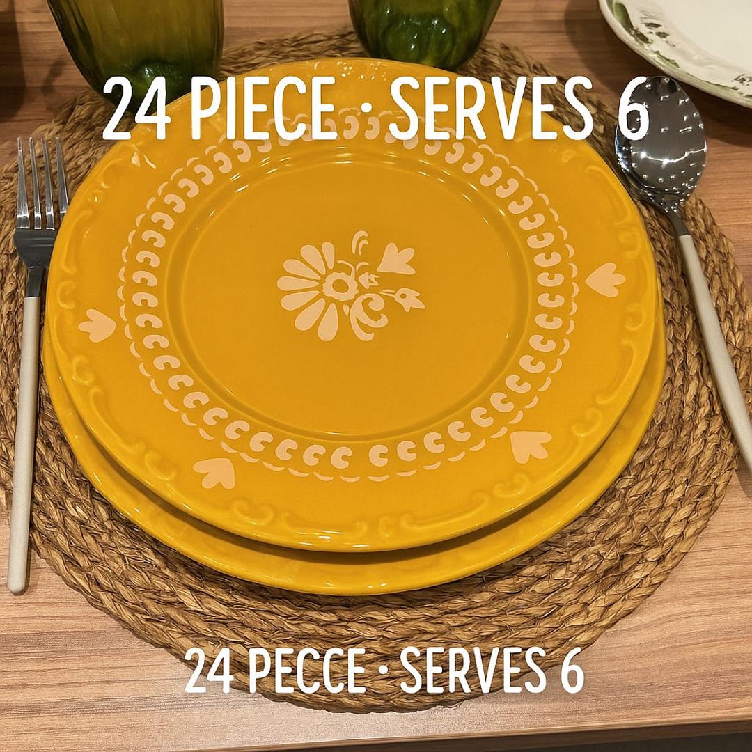 24-piece Porcelain Dinnerware Set, Mustard Yellow Floral Plates and ...