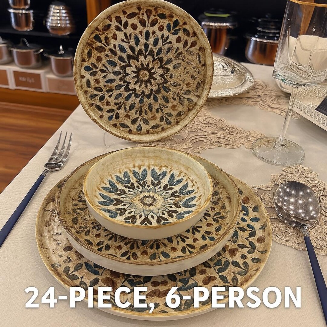 24-piece Porcelain Dinnerware Set, Boho Rustic Patterned Plates and ...