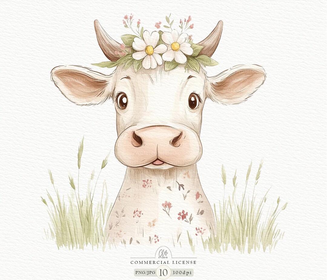 Cute Cow Clipart, Watercolor Farm Animal, Cow PNG JPG, Nursery Wall Art ...