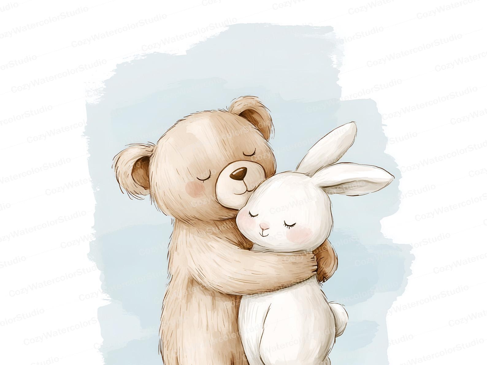 10 Cute Bunny and Bear Hug Clipart | Watercolor Nursery Art for Kids ...