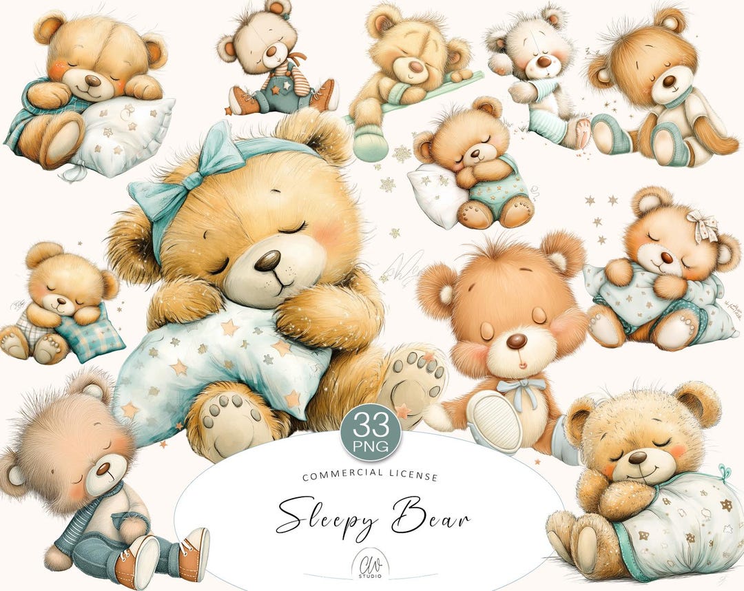 33 PNG Sleepy Bear Clipart • Soft Beige & Baby Blue Teddy Bear ...