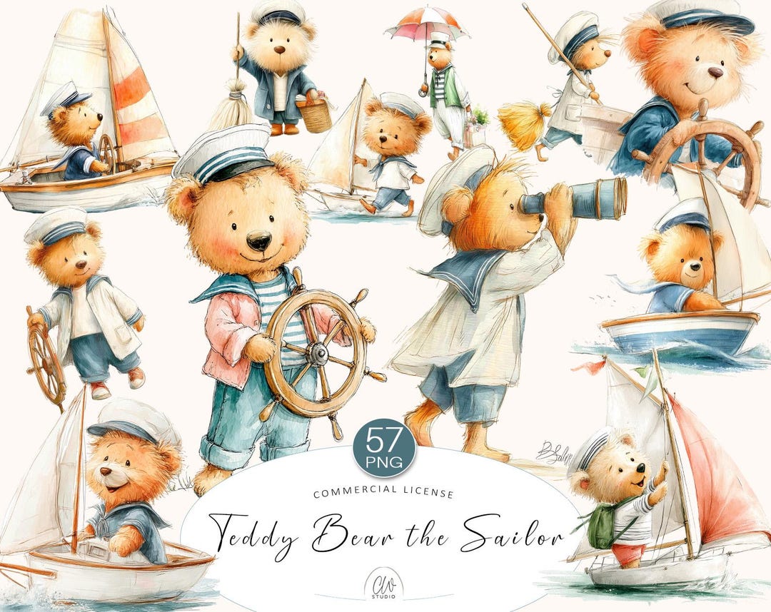 57 Teddy Bear Sailor Clipart PNG | Nautical Watercolor Bears With Boats ...