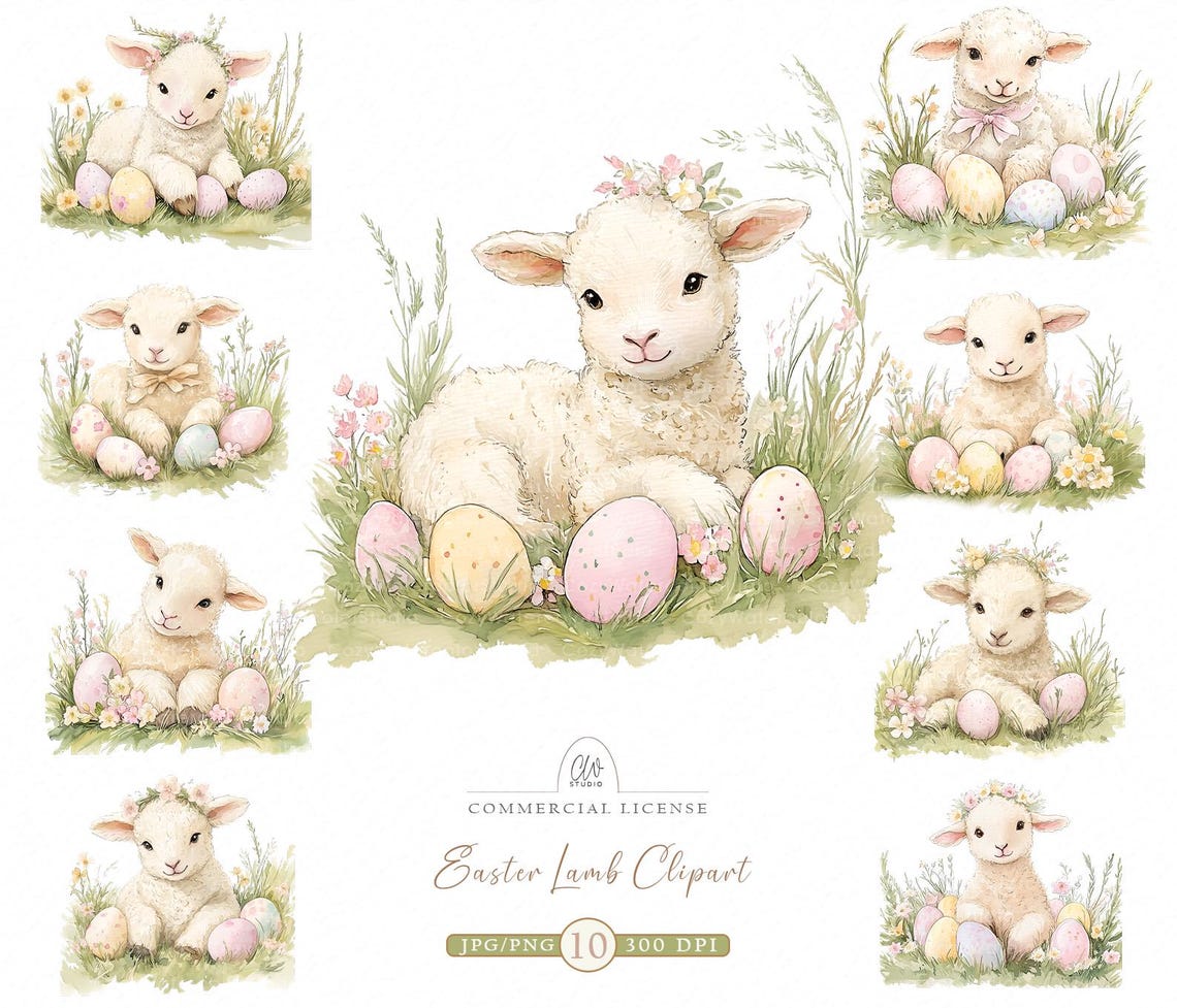 Easter Lamb Clipart - 10 PNG JPG - Pastel Spring Watercolor Baby Sheep ...