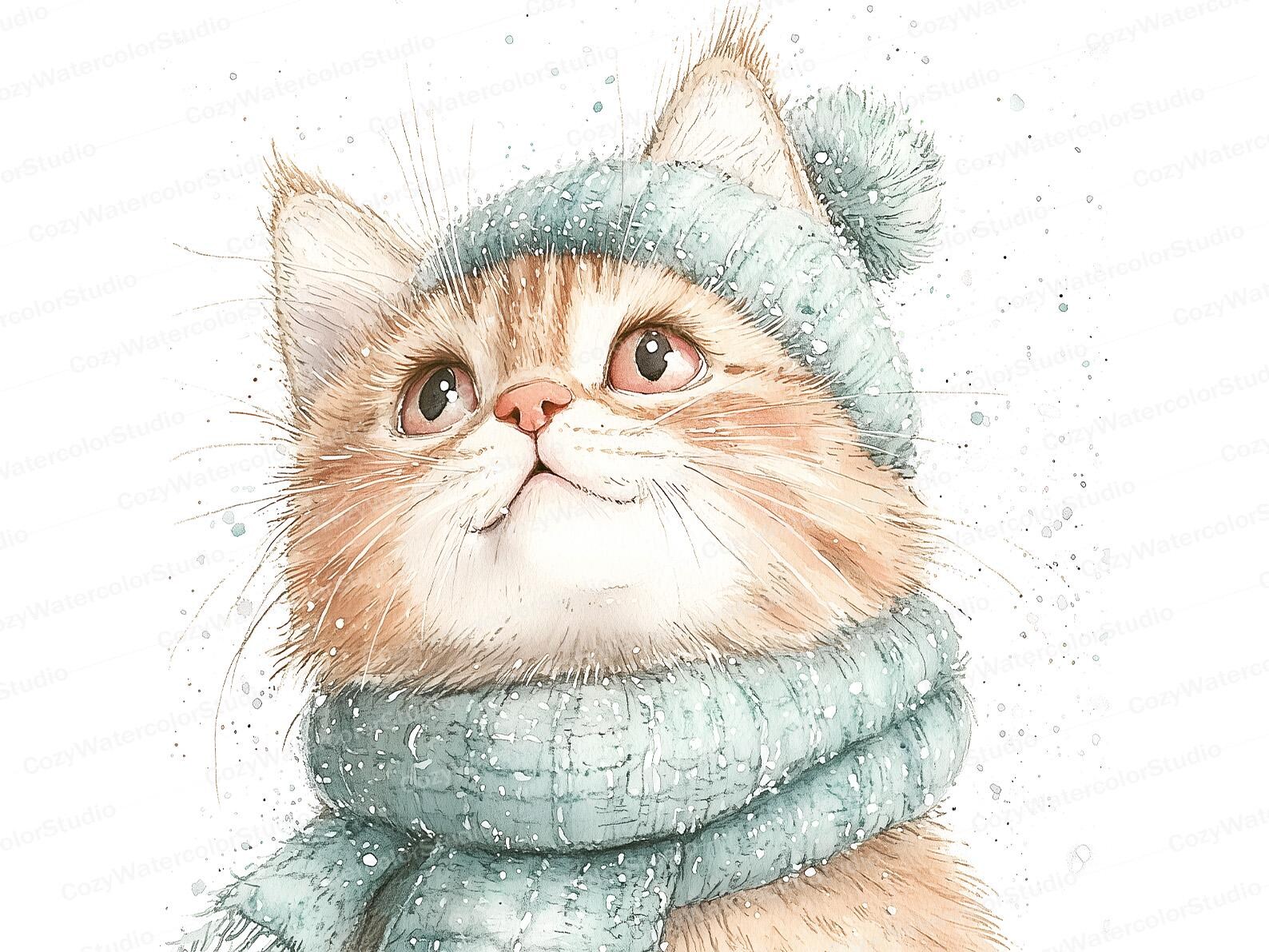 10 Winter Kitten Clipart - Watercolor Cute Cat Illustration - Instant ...