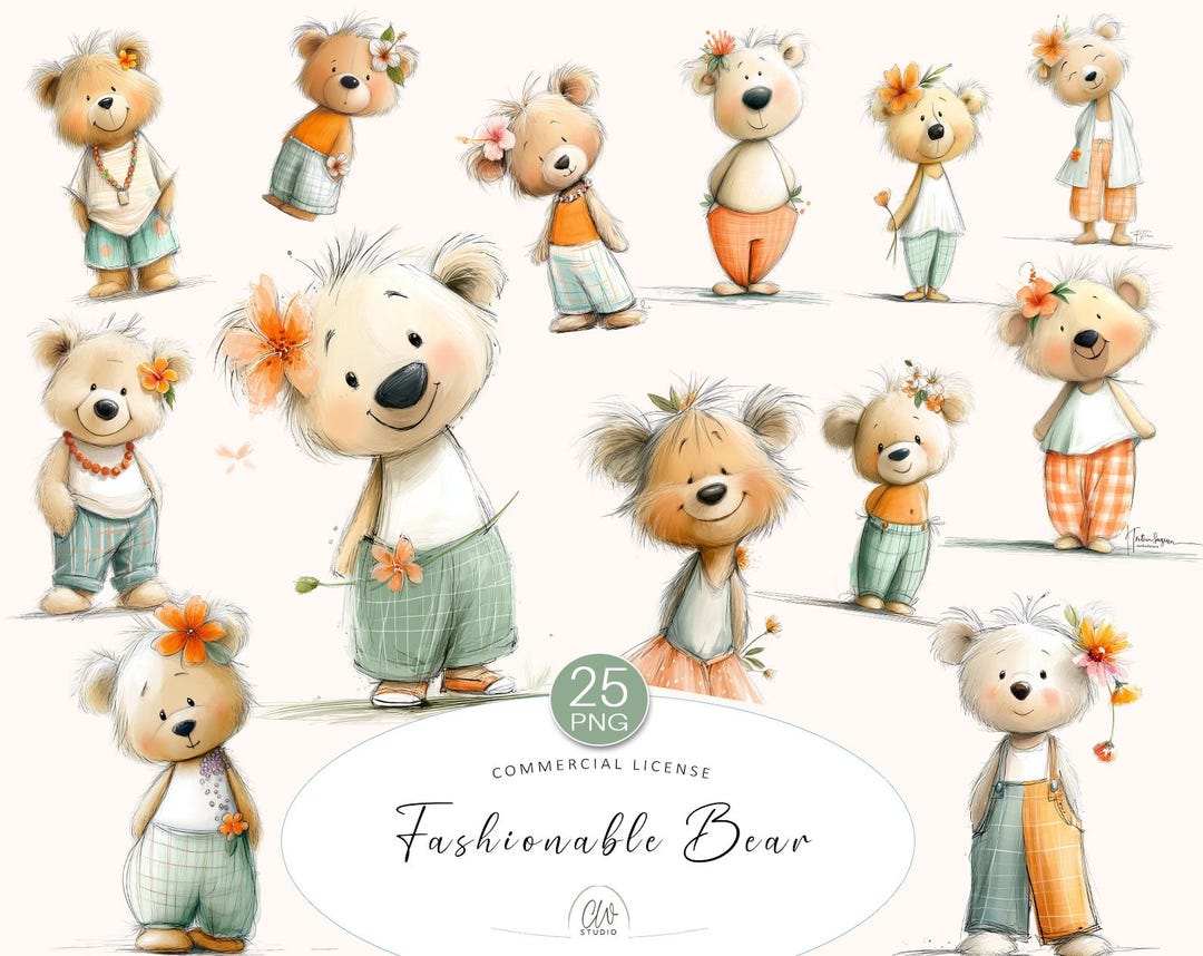 Cute Bear Clipart | 25 Fashionable Bear Pngs (digital Download) - Etsy