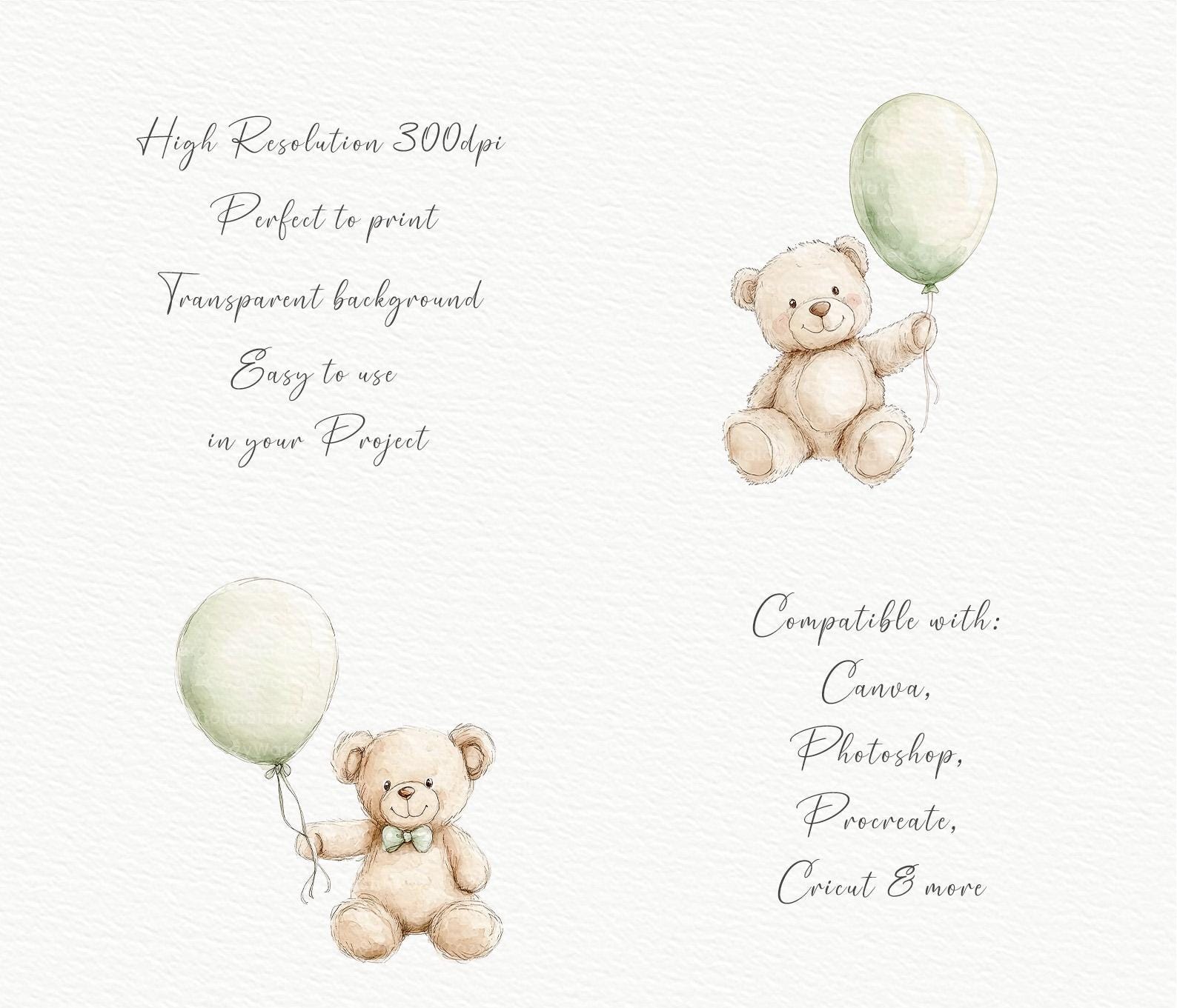 Watercolor Teddy Bear Clipart, Cute Baby Bear PNG JPG, Soft Plush Toy ...
